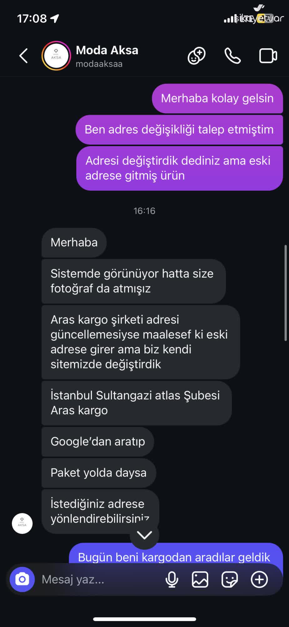 Moda Aksa Adres Değişikliği Talebim Dikkate Alınmadı, Ürün Eski Adrese Gönderildi - Şikayetvar