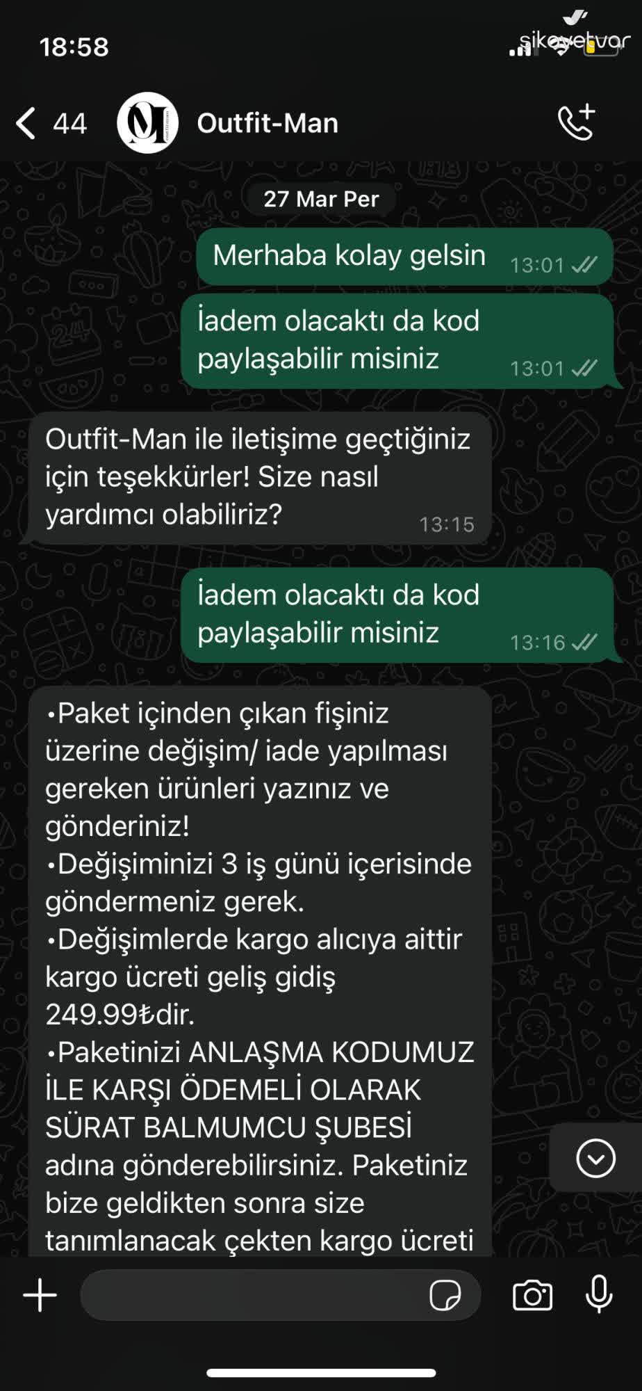 Outfit-Man İade Ödemesi Yapılmıyor Müşteri Mağdur Ediliyor - Şikayetvar