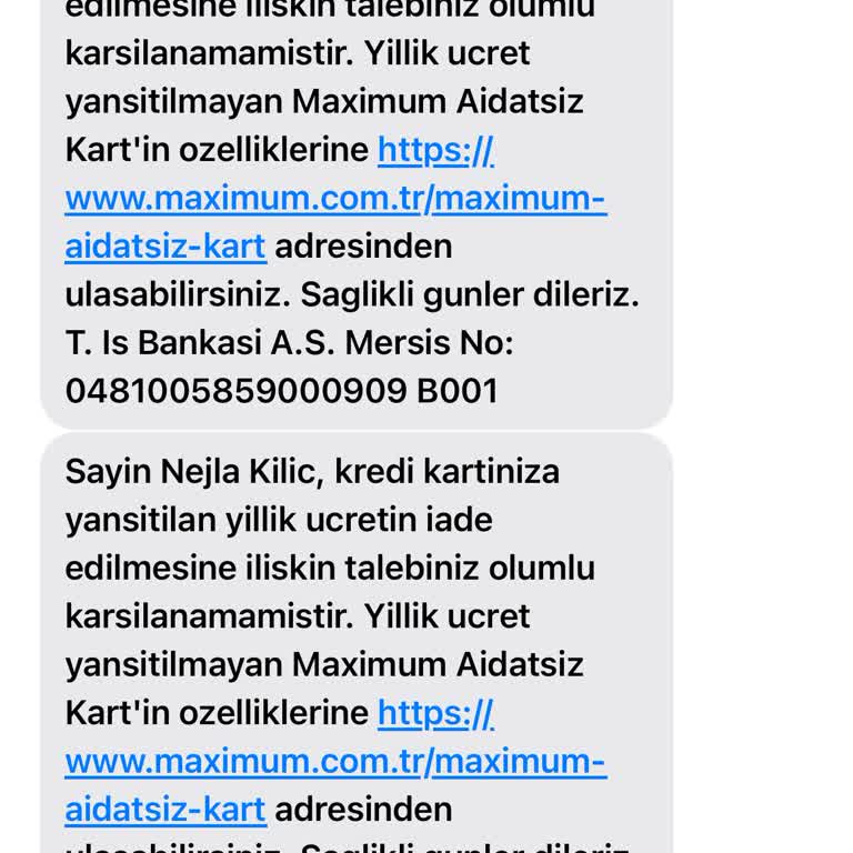 Maximum Mobil Haksız Kart Aidatı Kesintisinin İadesi Talebi - Şikayetvar