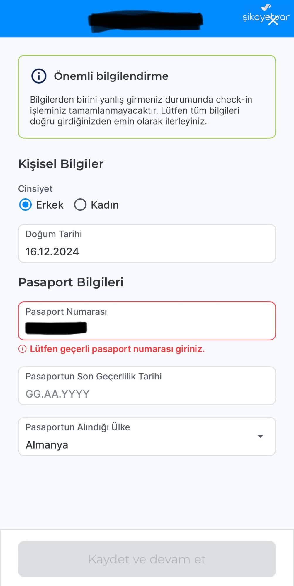 Ajet Check-in Sisteminde Alman Pasaportlu Bebeğimin Bilgileri Kabul ...