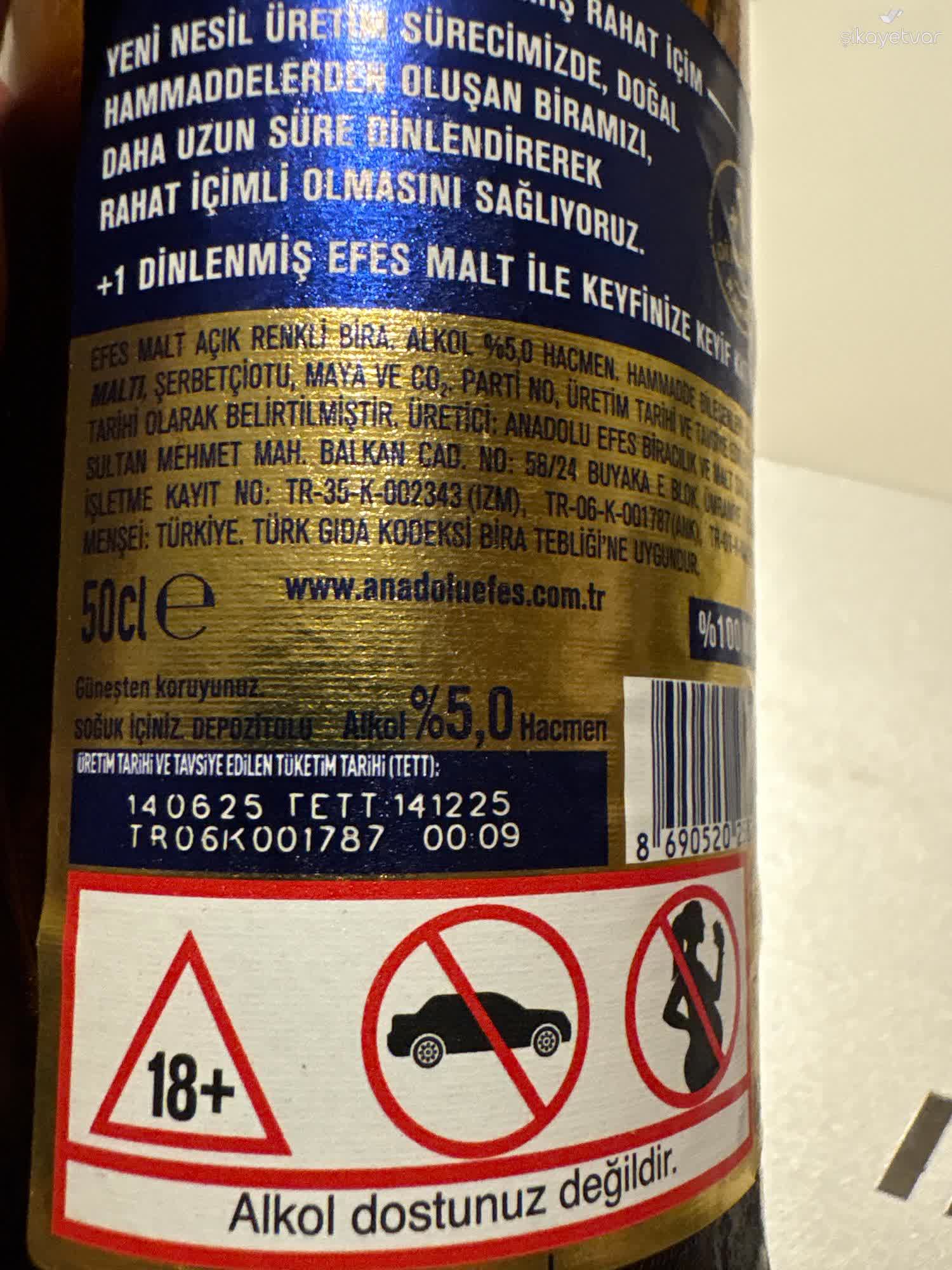 Anadolu Efes Efes Malt Birada Tat Bozukluğu Ve Üretim Partisi Sorunu - Şikayetvar