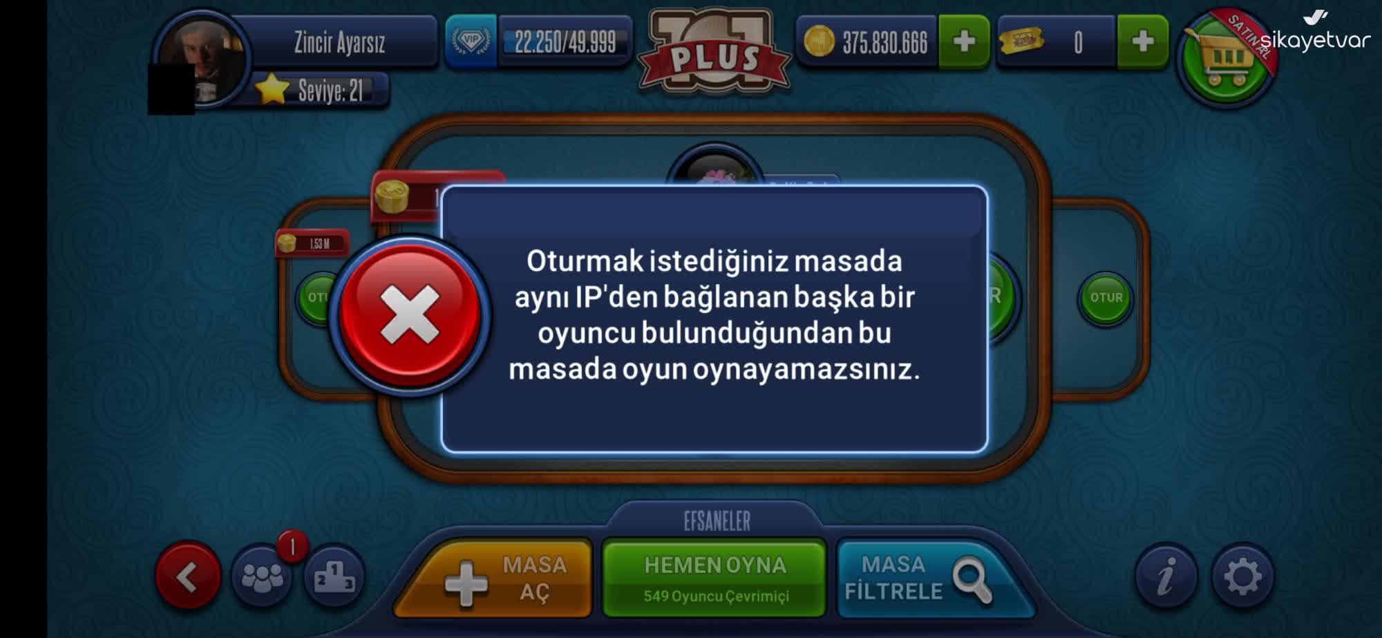 101 Okey Plus Okey 101 Plus'ta Aynı IP Adresi Nedeniyle Eşli Oyun ...