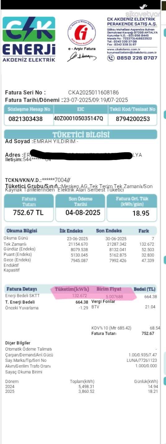 CK Enerji Akdeniz Elektrik Yanlış Bilgilendirme İle Yüksek Fatura Mağduriyeti Ve Sözleşme İptal ...