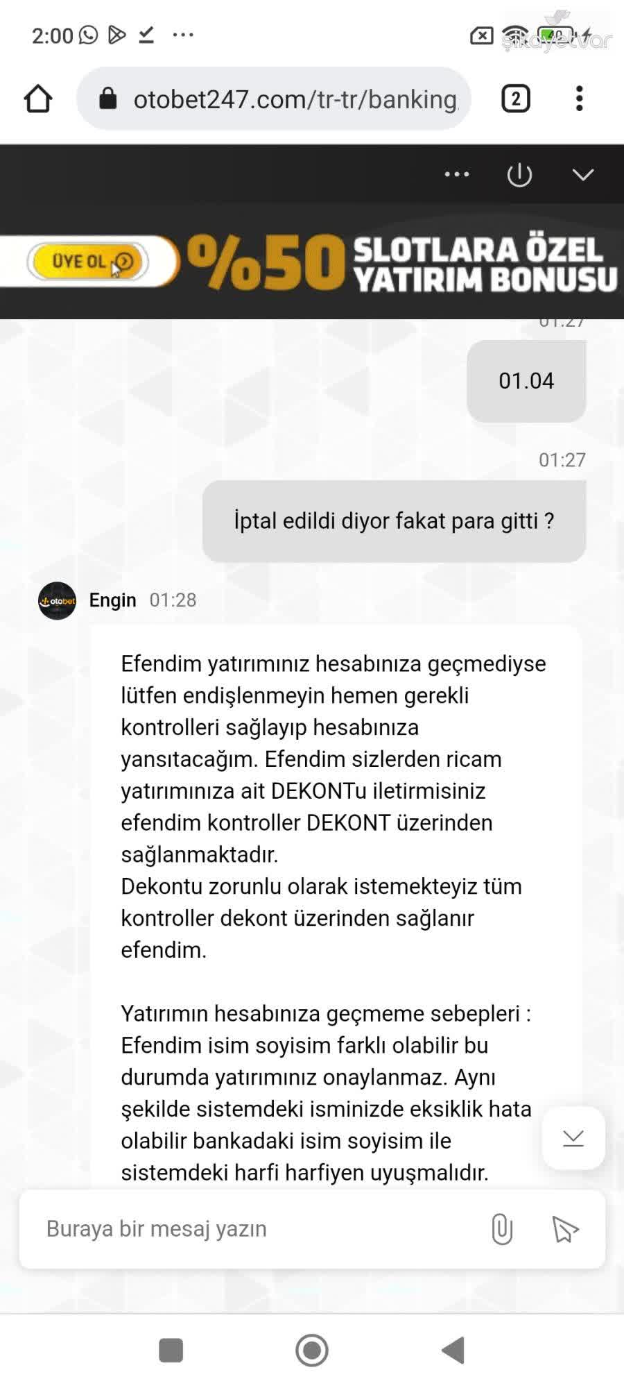 Otobet Banka Havalesiyle Yatırdığım Tutar Hesabıma Geçmedi, Destek ...
