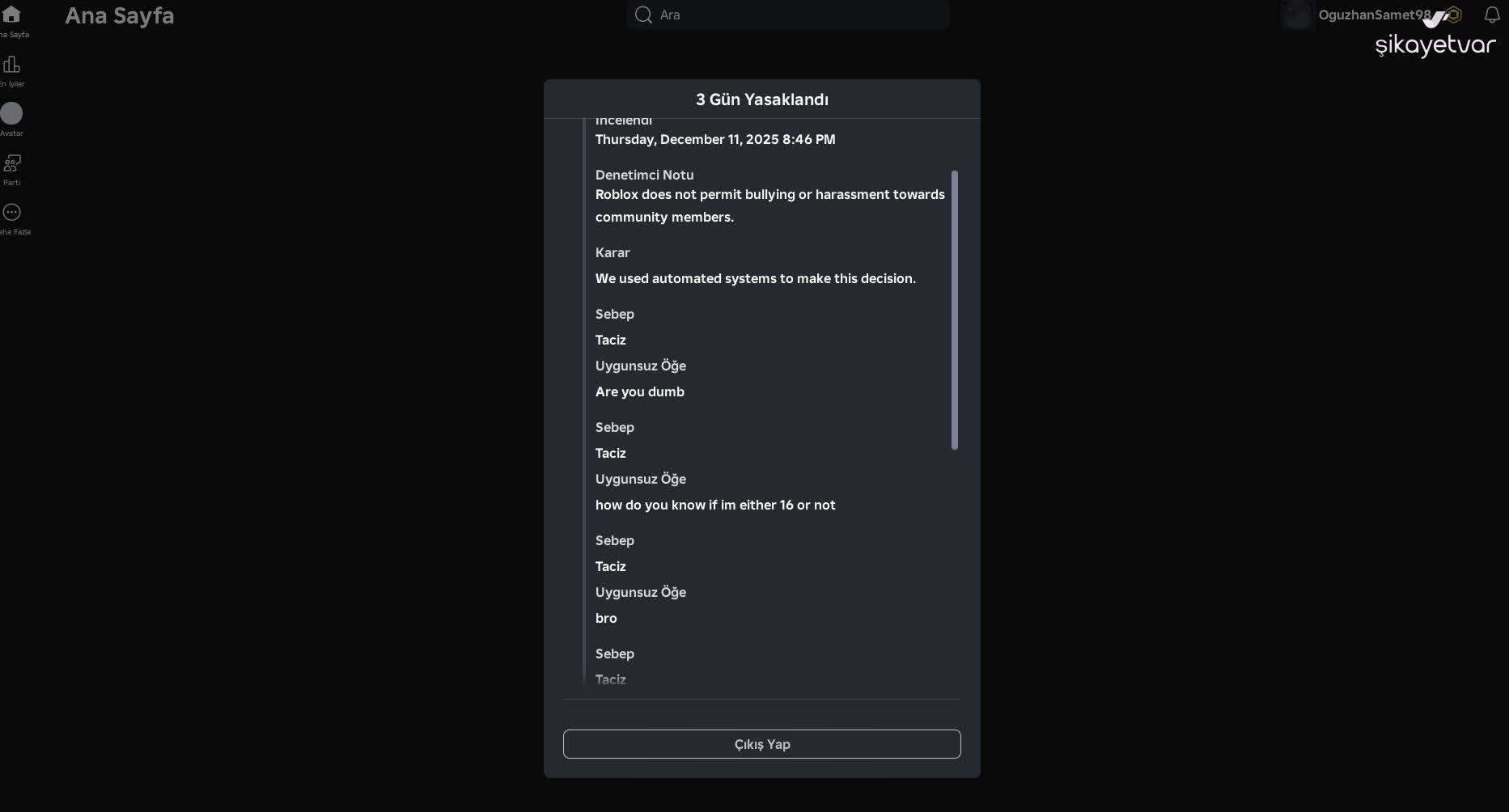 Roblox Haksız Banlar Yüzünden Oyun Keyfim Kalmadı - Şikayetvar