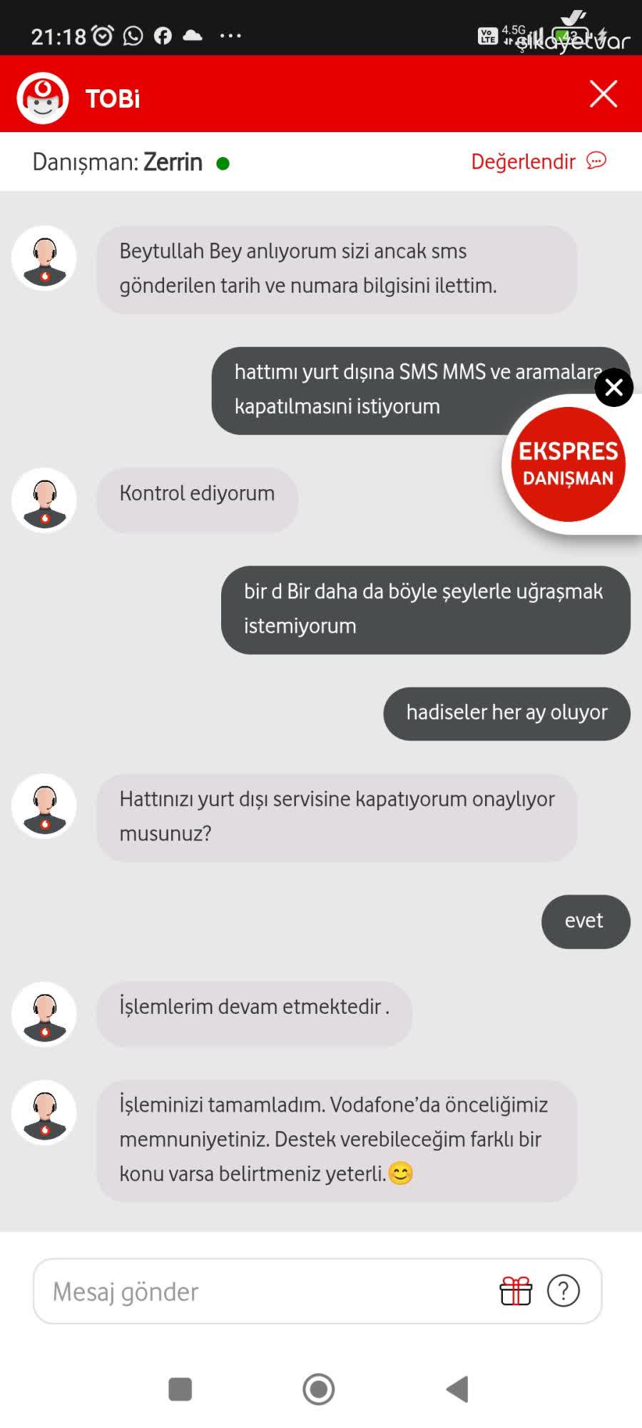 Vodafone Faturamda 00971 Numaralı Yurt Dışı Kullanım Ücretleri - Şikayetvar