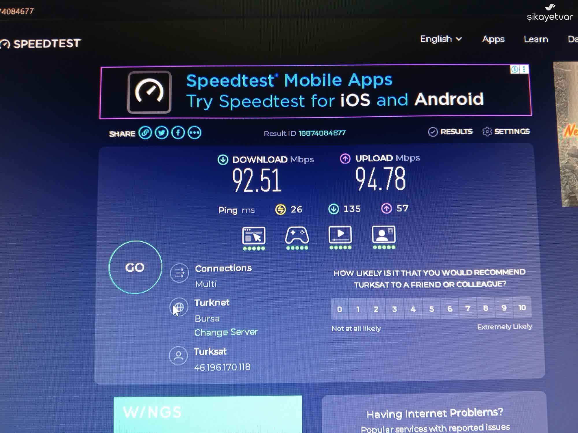 Kablo Net 1000 Mbps GPON İnternetinde Ping Değerleri 50 İle 60 Ms'ye ...